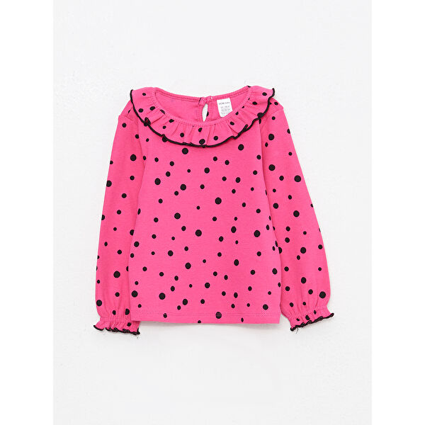 Bisiklet Yaka Puantiyeli Uzun Kollu Pamuklu Kız Bebek Tişört