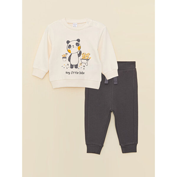 Bisiklet Yaka Uzun Kollu Baskılı Erkek Bebek Sweatshirt ve Pantolon 2'li Takım Bisiklet Yaka Uzun Kollu Baskılı Erkek Bebek Sweatshirt ve Pantolon 2'li Takım