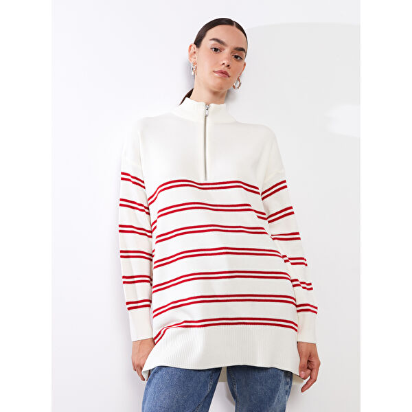 Dik Yaka Çizgili Uzun Kollu Kadın Triko Tunik