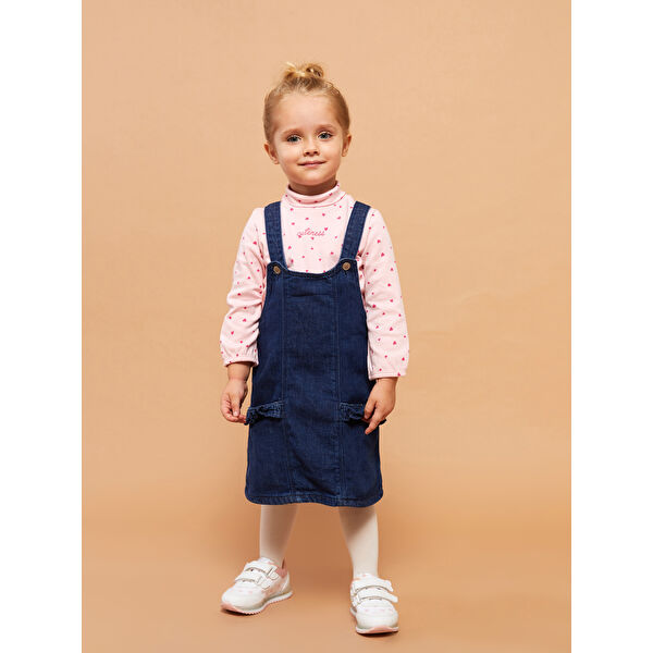 U Yaka Askılı Kız Bebek Jean Elbise ve Külotlu Çorap 2'li