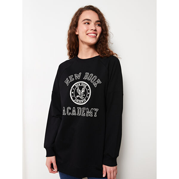 Bisiklet Yaka Baskılı Uzun Kollu Oversize Kadın Tunik