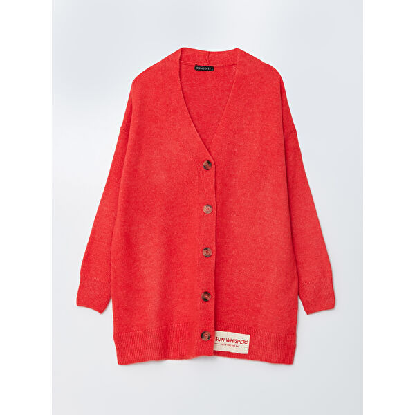 V Yaka Baskılı Uzun Kollu Oversize Kadın Triko Hırka V Yaka Baskılı Uzun Kollu Oversize Kadın Triko Hırka