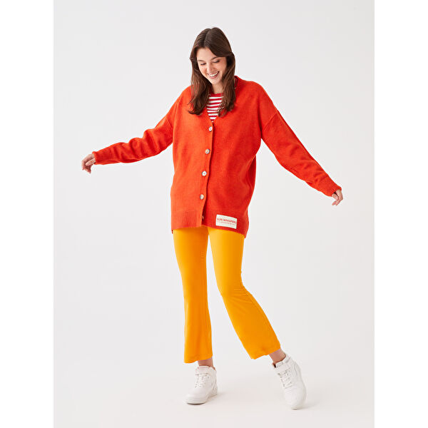 V Yaka Baskılı Uzun Kollu Oversize Kadın Triko Hırka