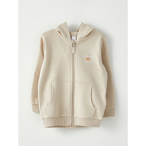 Kapüşonlu Uzun Kollu Nakış Detaylı Erkek Bebek Fermuarlı Sweatshirt