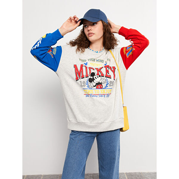 Bisiklet Yaka Mickey Mouse Baskılı Uzun Kollu Kadın Sweatshirt
