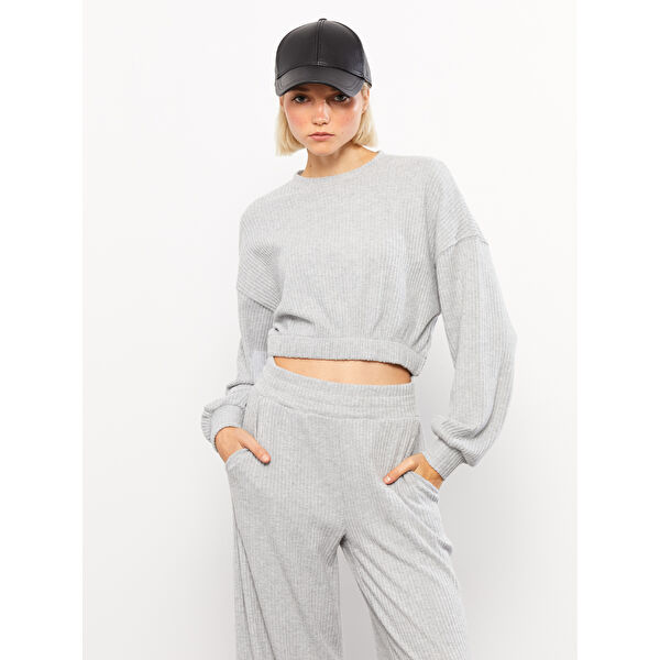 Bisiklet Yaka Düz Uzun Kollu Oversize Kadın Sweatshirt
