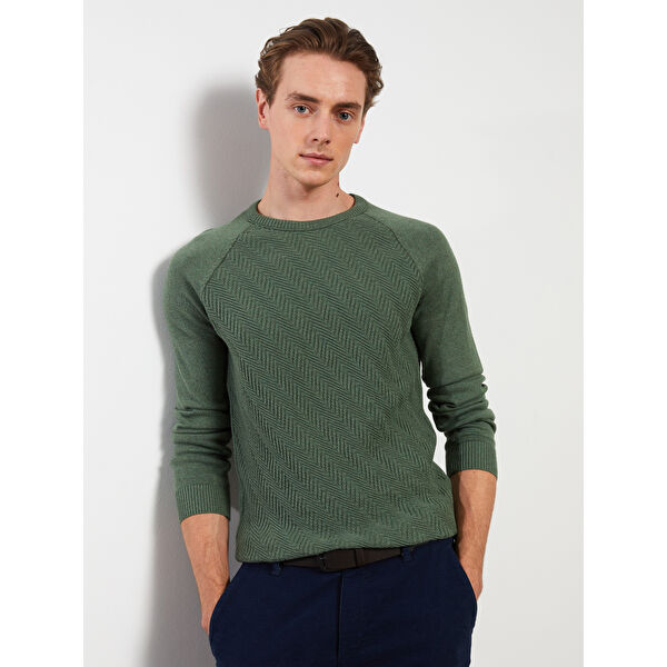 Bisiklet Yaka Uzun Kollu Kendinden Desenli Erkek Triko Kazak