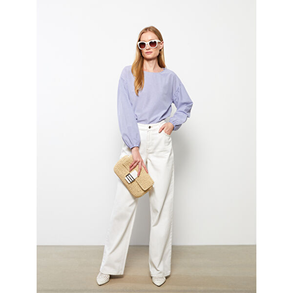 Bisiklet Yaka Çizgili Uzun Kollu Kadın Bluz