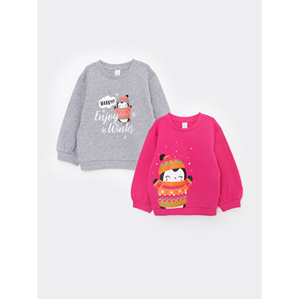 Bisiklet Yaka Uzun Kollu Baskılı Kız Bebek Sweatshirt 2'li