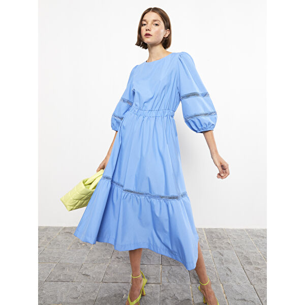 Bisiklet Yaka Nakışlı Balon Kollu Poplin Kadın Elbise