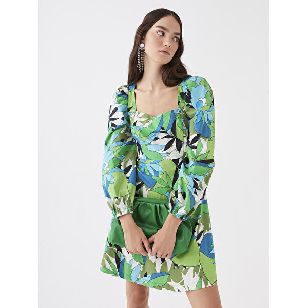 Kare Yaka Desenli Poplin Kadın Elbise