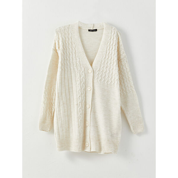 V Yaka Kendinden Desenli Uzun Kollu Oversize Kadın Triko Hırka