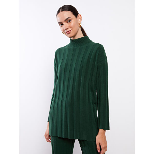 Dik Yaka Kendinden Desenli Uzun Kollu Kadın Triko Tunik Dik Yaka Kendinden Desenli Uzun Kollu Kadın Triko Tunik