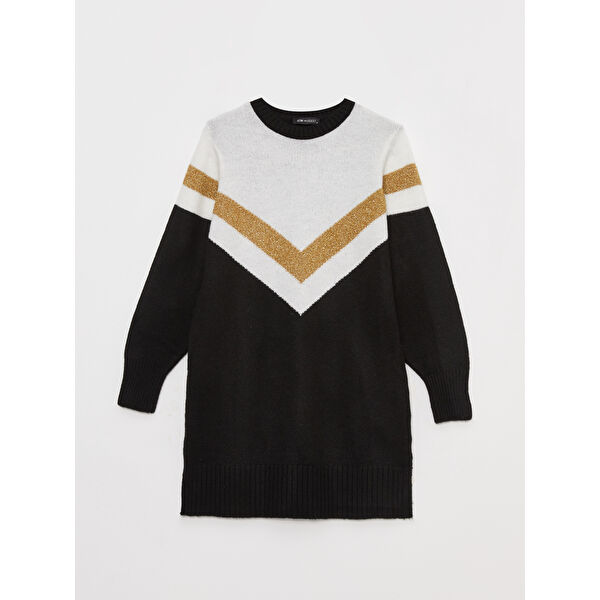 Bisiklet Yaka Renk Bloklu Uzun Kollu Kadın Triko Tunik