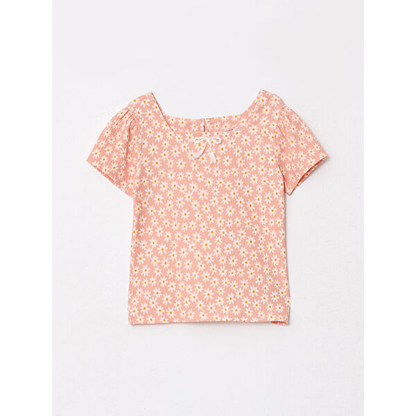 Kare Yaka Desenli Kısa Kollu Kız Çocuk Tişört