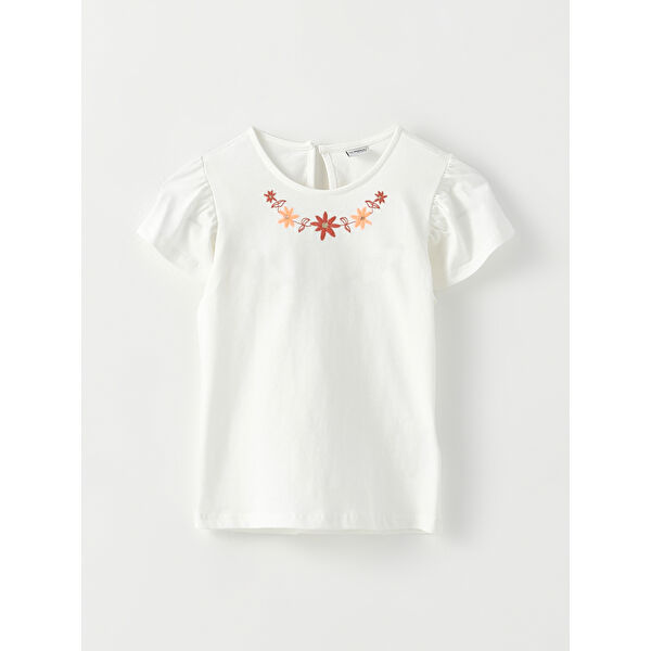 Bisiklet Yaka Nakışlı Kısa Kollu Kız Çocuk Tişört Bisiklet Yaka Nakışlı Kısa Kollu Kız Çocuk Tişört