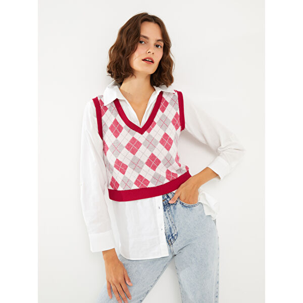 V Yaka Baklava Desenli Kadın Triko Süveter