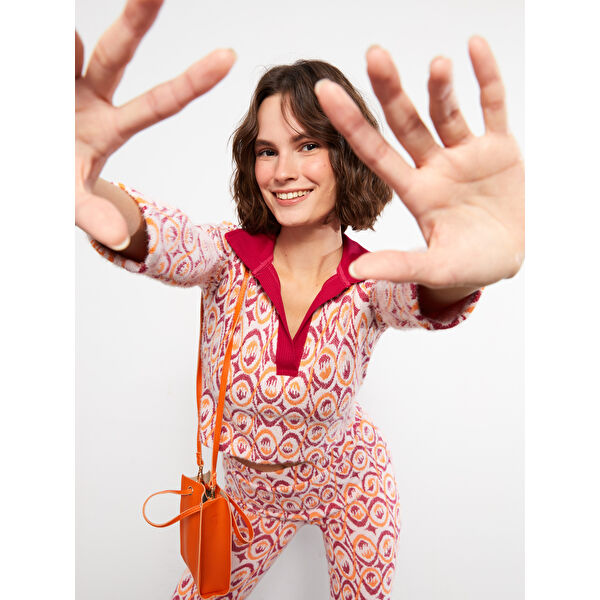 Polo Yaka Desenli Uzun Kollu Kadın Triko Kazak