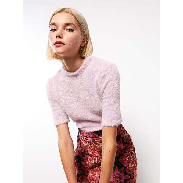 Yarım Balıkçı Yaka Düz Kısa Kollu Kadın Triko Kazak