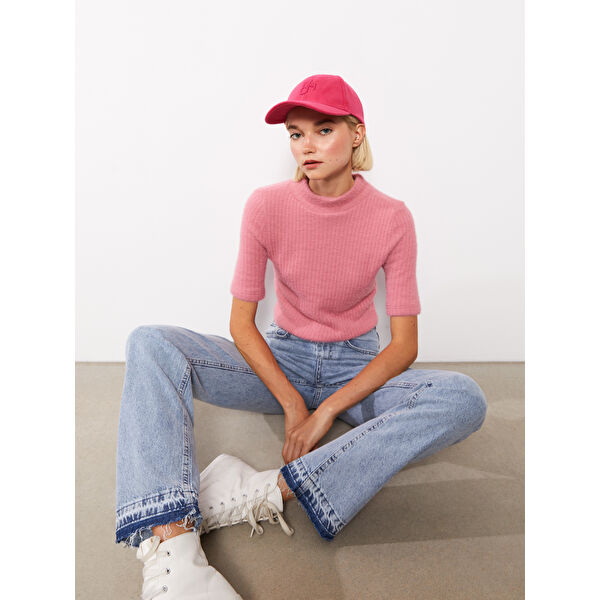 Yarım Balıkçı Yaka Düz Kısa Kollu Kadın Triko Kazak