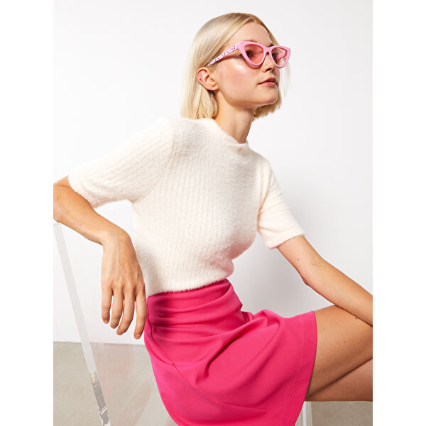 Yarım Balıkçı Yaka Düz Kısa Kollu Kadın Triko Kazak