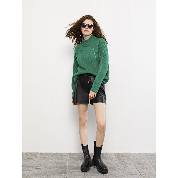 Yarım Balıkçı Yaka Kendinden Desenli Uzun Kollu Kadın Triko Kazak