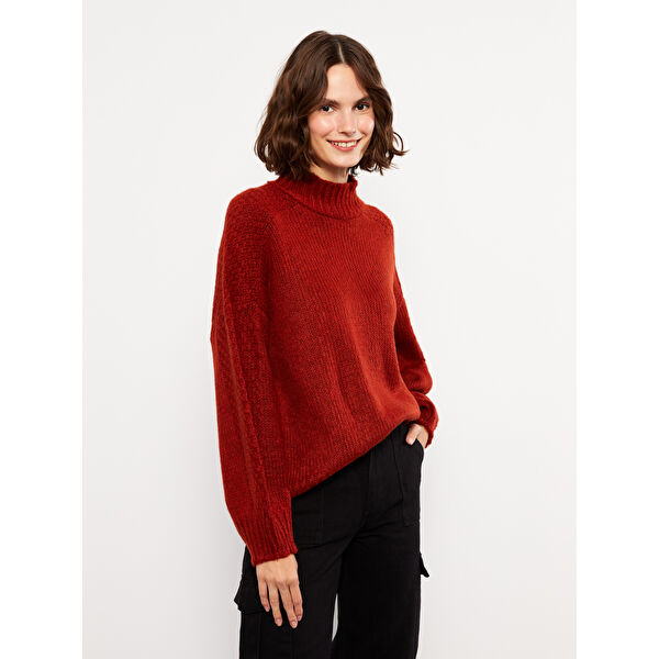 Yarım Balıkçı Yaka Kendinden Desenli Uzun Kollu Kadın Triko Kazak