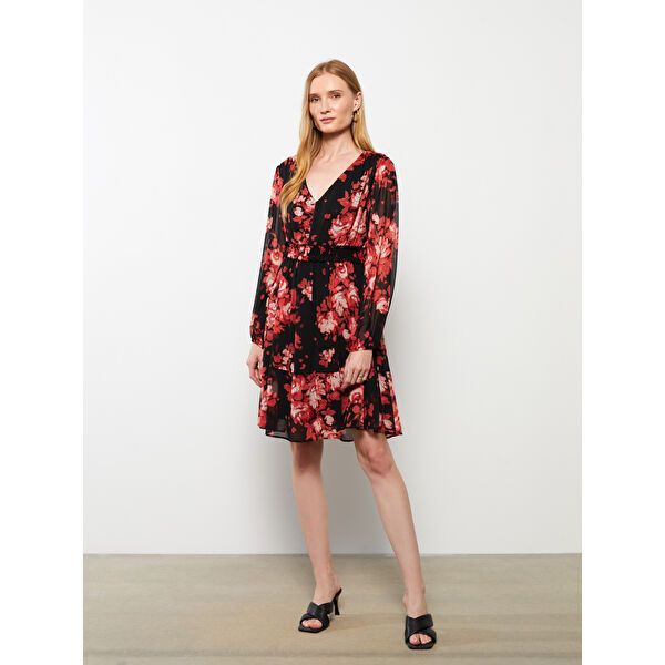 V Yaka Desenli Uzun Kollu Şifon Kadın Elbise