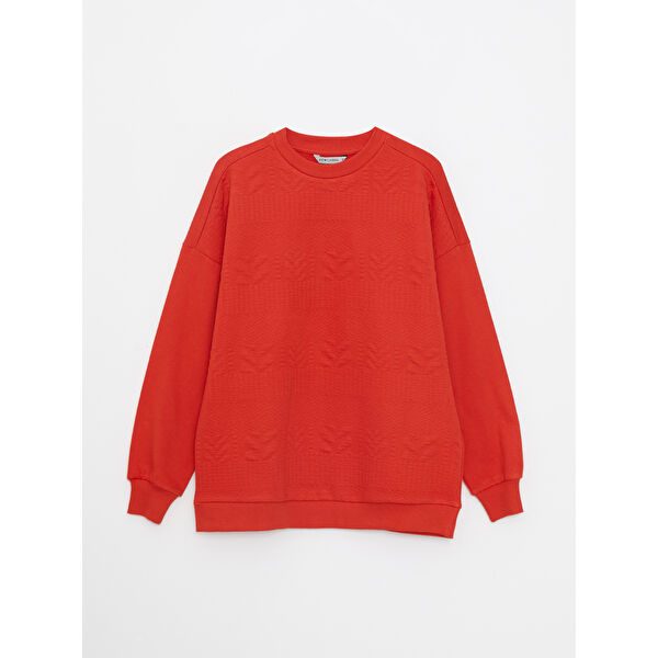 Bisiklet Yaka Kendinden Desenli Uzun Kollu Kadın Sweatshirt