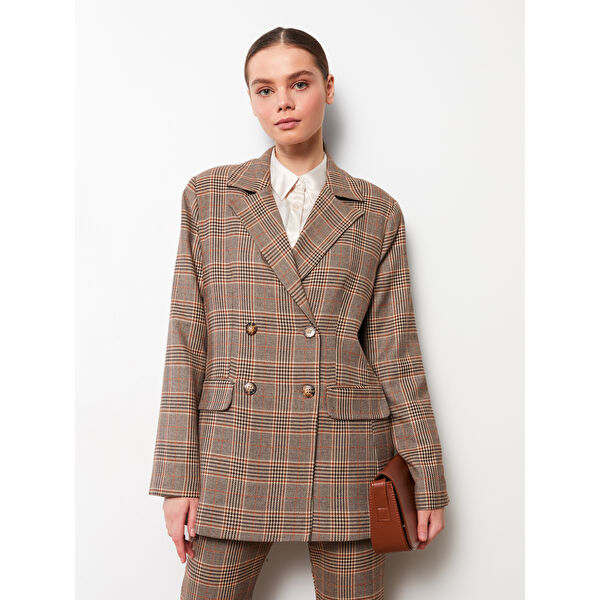 Önden Düğmeli Ekose Uzun Kollu Kadın Ceket