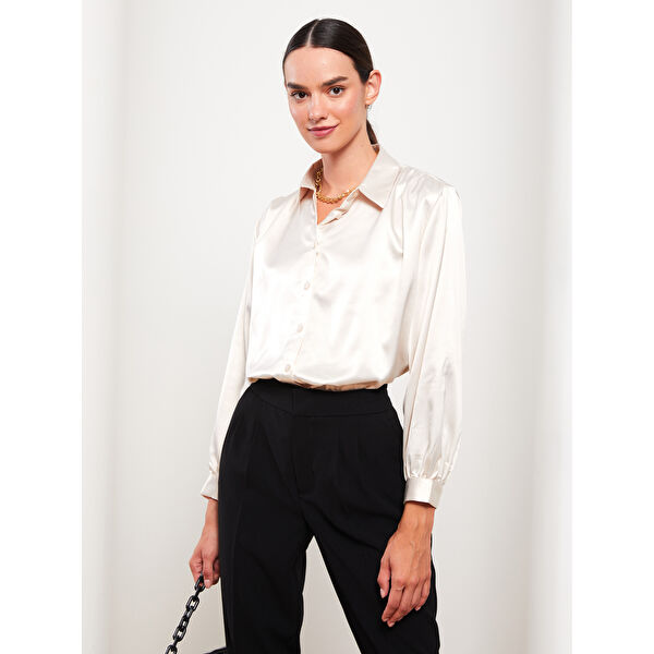 Önden Düğme Kapamalı Düz Uzun Kollu Saten Kadın Gömlek