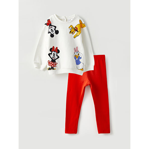 Bisiklet Yaka Uzun Kollu Minnie Mouse Baskılı Pamuklu Kız Bebek Sweatshirt ve Tayt 2'li Takım Bisiklet Yaka Uzun Kollu Minnie Mouse Baskılı Pamuklu Kız Bebek Sweatshirt ve Tayt 2'li Takım