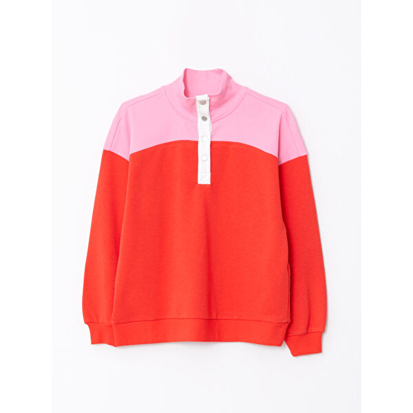 Dik Yaka Renk Bloklu Uzun Kollu Kadın Sweatshirt