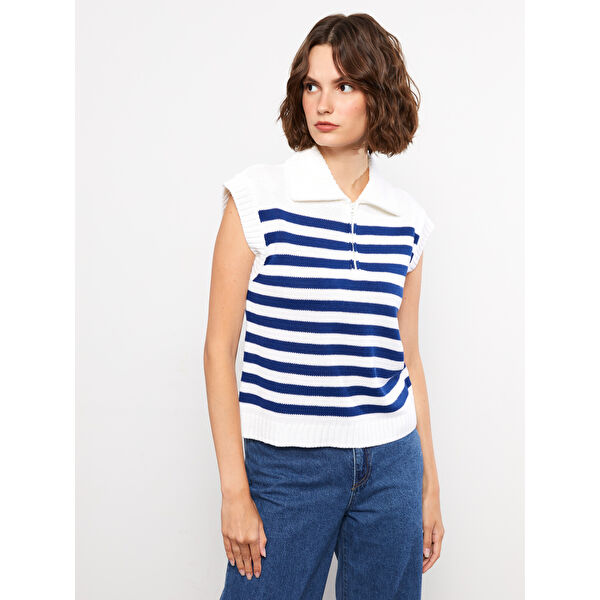 Polo Yaka Çizgili Kadın Triko Süveter