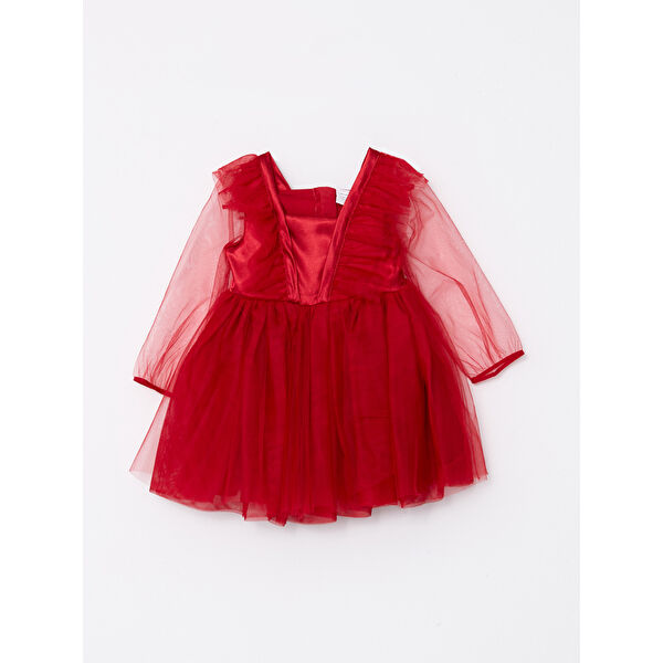 Kare Yaka Uzun Kollu Basic Kız Bebek Abiye Elbise