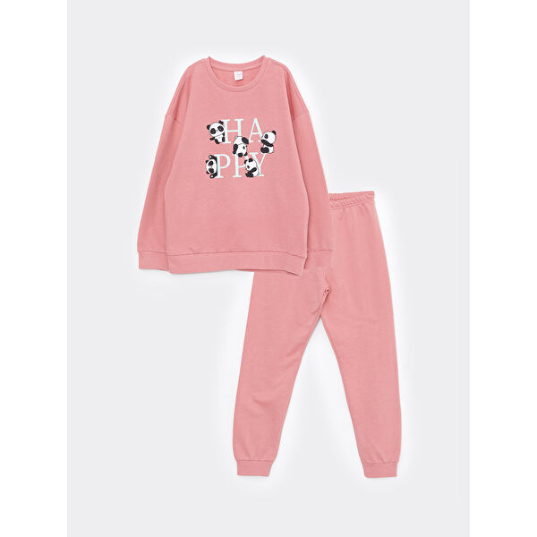 Bisiklet Yaka Baskılı Uzun Kollu Kız Çocuk Sweatshirt ve Eşofman Altı