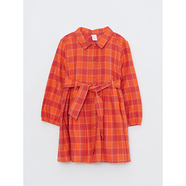 Gömlek Yaka Uzun Kollu Ekose Desenli Kız Bebek Elbise