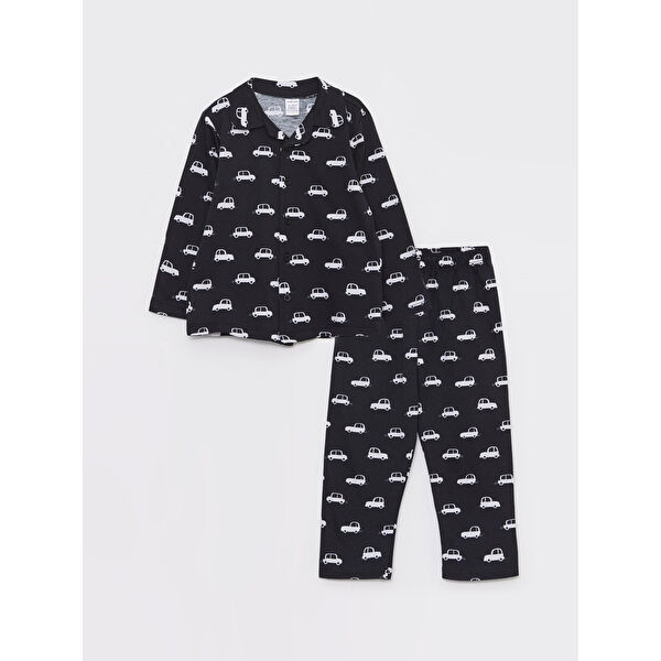 Polo Yaka Uzun Kollu Baskılı Erkek Bebek Pijama Takımı 2'li
