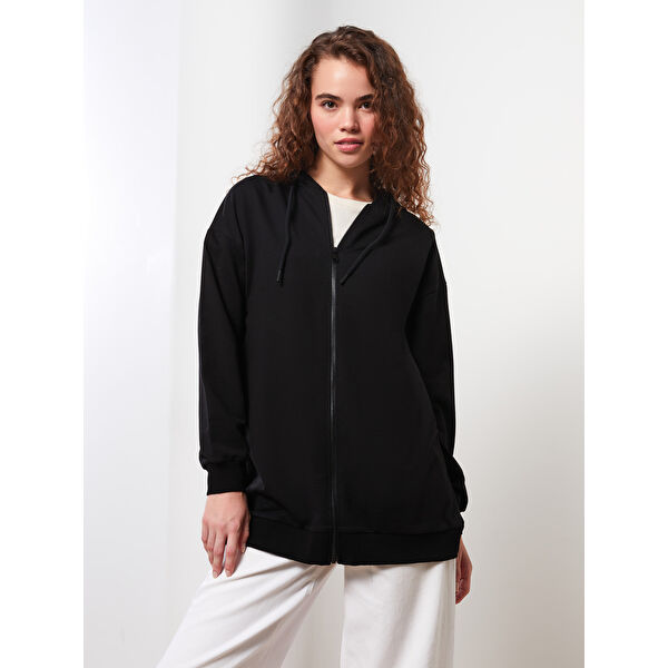 Kapüşonlu Düz Uzun Kollu Kadın Spor Hırka