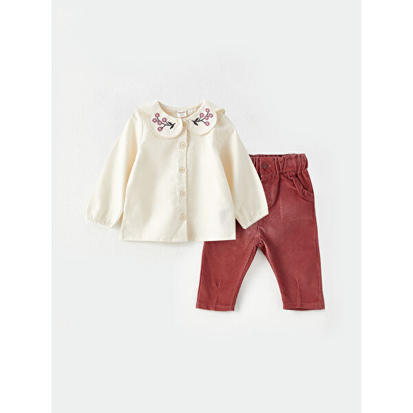 Bebe Yaka Uzun Kollu Nakış Detaylı Kız Bebek Gömlek ve Kadife Pantolon 2'li Takım