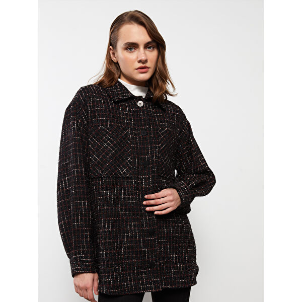 Önden Düğme Kapamalı Desenli Uzun Kollu Tüvit Kadın Gömlek Ceket