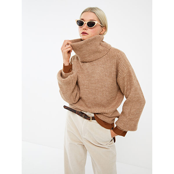 Balıkçı Yaka Düz Uzun Kollu Kadın Triko Kazak