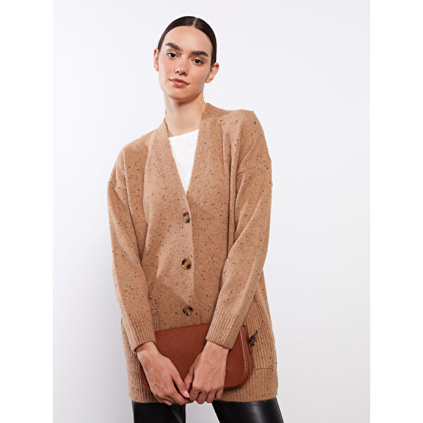 V Yaka Desenli Uzun Kollu Kadın Triko Hırka