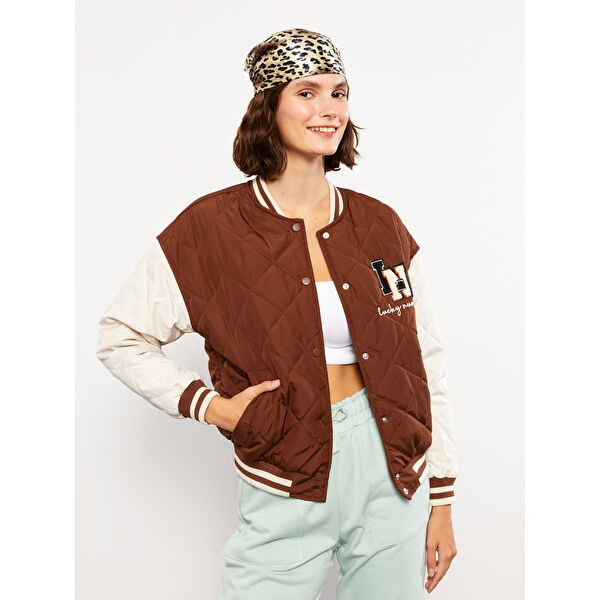 Kolej Yaka Nakışlı Uzun Kollu Kadın Mont