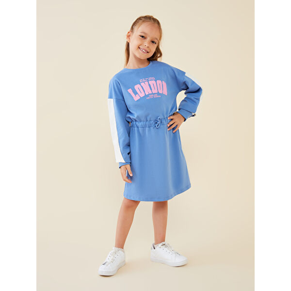 Bisiklet Yaka Baskılı Uzun Kollu Kız Çocuk Elbise
