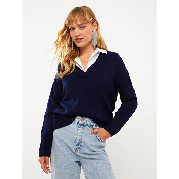 V Yaka Düz Kısa Kollu Kadın Triko Kazak