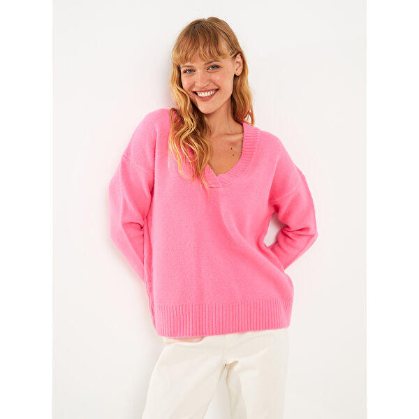 V Yaka Düz Kısa Kollu Kadın Triko Kazak