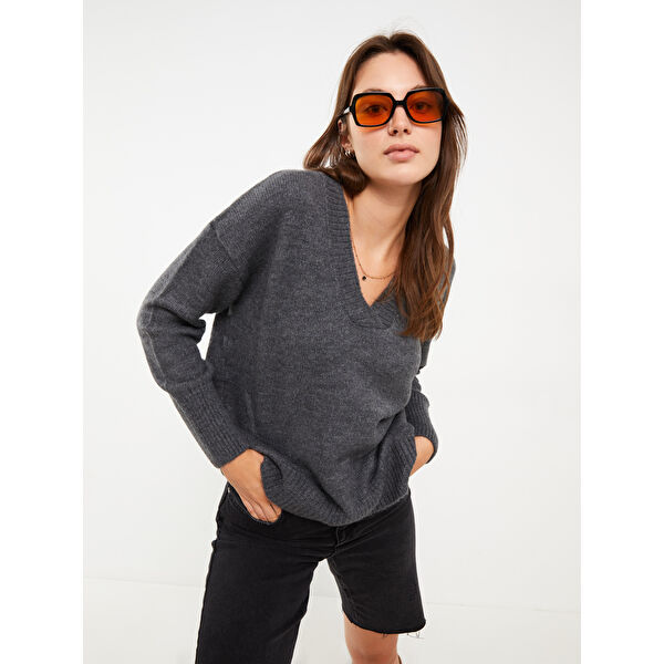 V Yaka Düz Kısa Kollu Kadın Triko Kazak