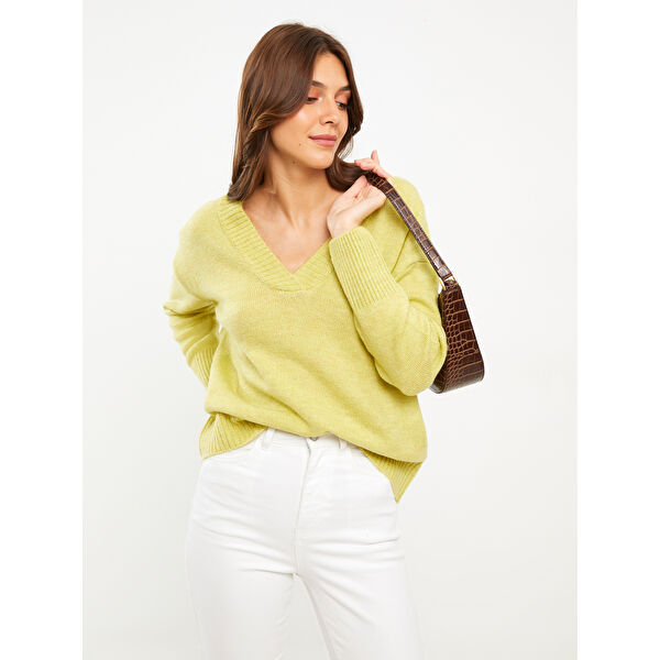 V Yaka Düz Kısa Kollu Kadın Triko Kazak