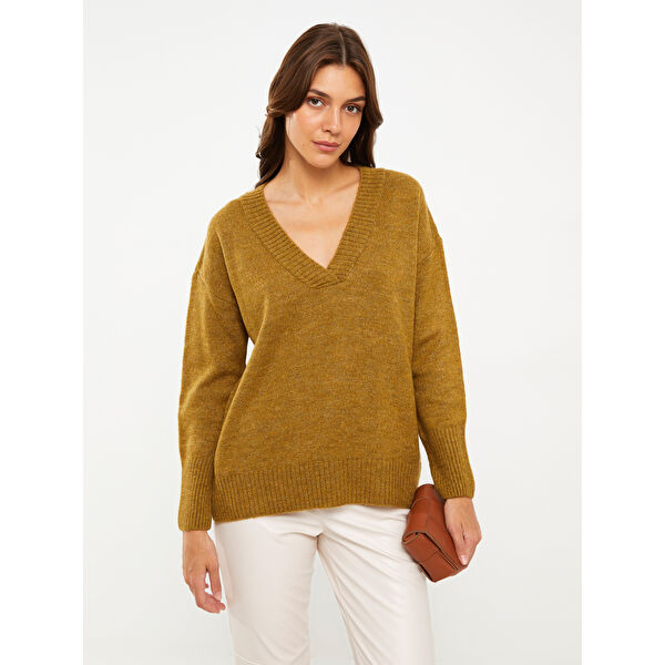 V Yaka Düz Kısa Kollu Kadın Triko Kazak